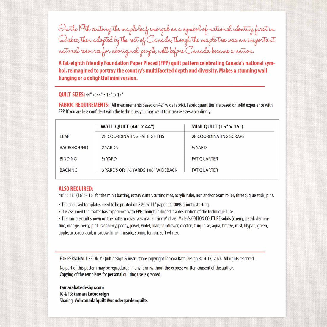 Oh Canada! maple leaf FPP Quilt Pattern - Wondergarden by Tamara Kate