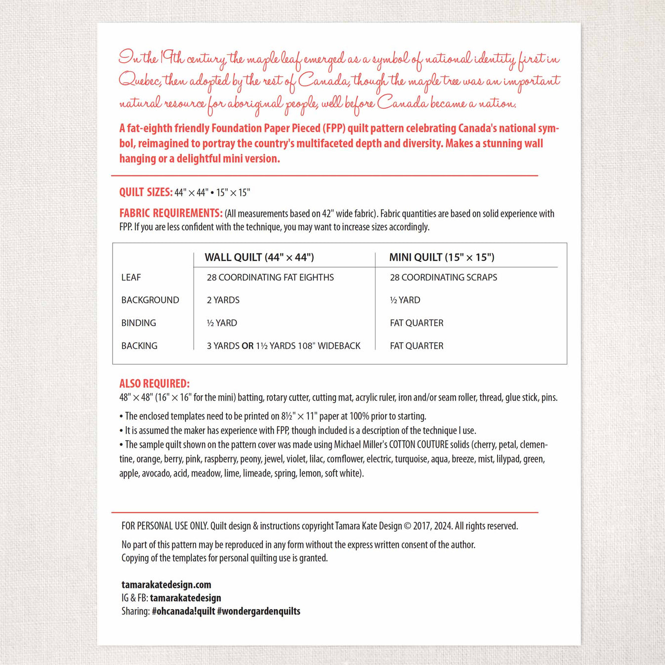 Oh Canada! maple leaf FPP Quilt Pattern - Wondergarden by Tamara Kate